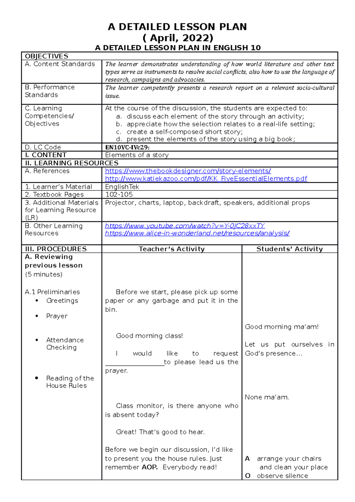 Alice in Wonderland DLP 1 - A DETAILED LESSON PLAN ( April, 2022) A ...