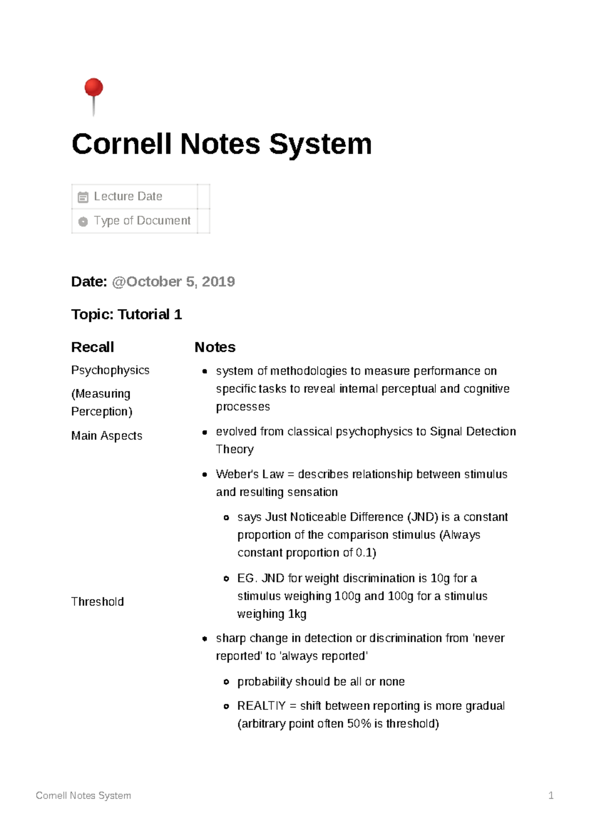 Psyc2071 tutorial notes - 📍 Cornell Notes System Lecture Date Type of ...