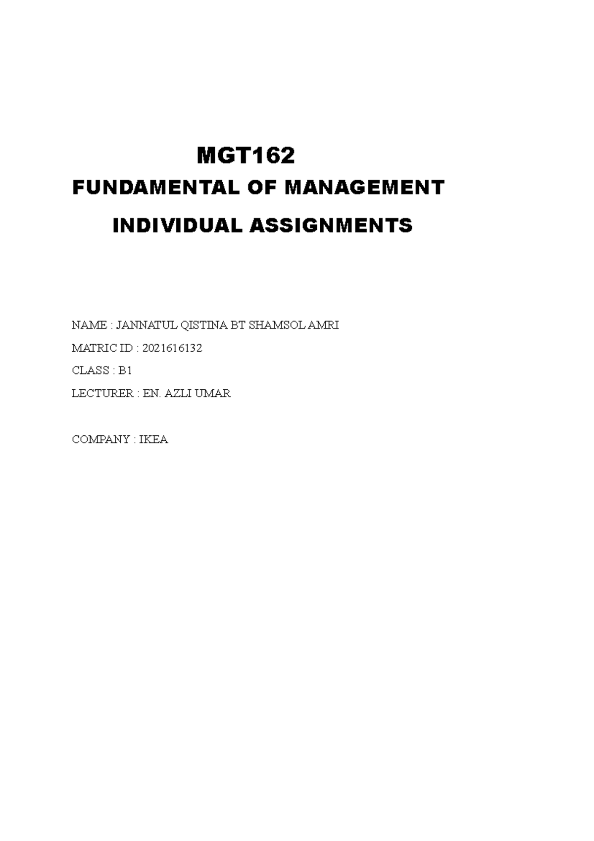 Assignment MGT162 - mgt - MGT FUNDAMENTAL OF MANAGEMENT INDIVIDUAL ...