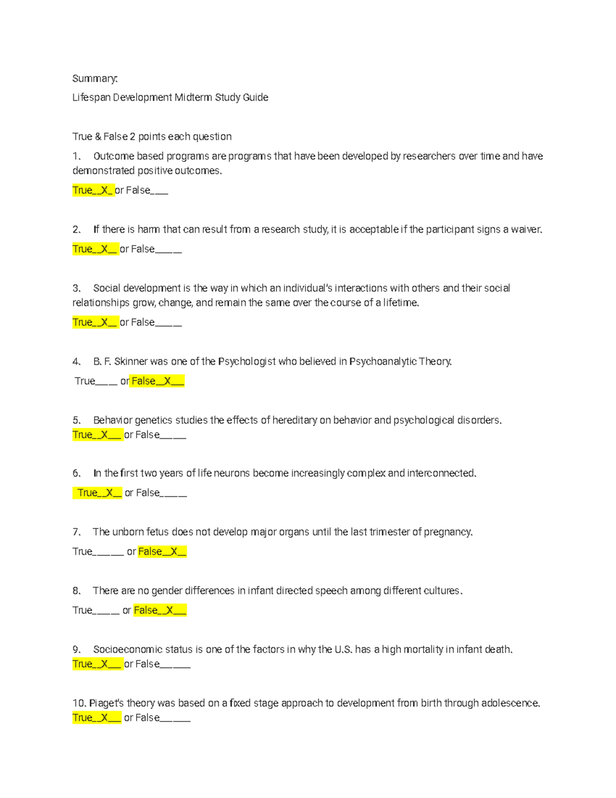 Life Span Development True and False - Summary:Lifespan Development Midterm Study Guide True ...