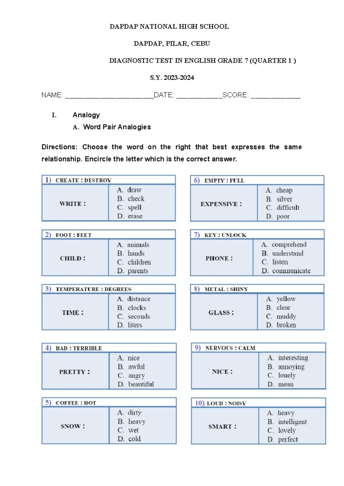 English 7 Diagnostic Test for Quarter 1 - DAPDAP NATIONAL HIGH SCHOOL ...