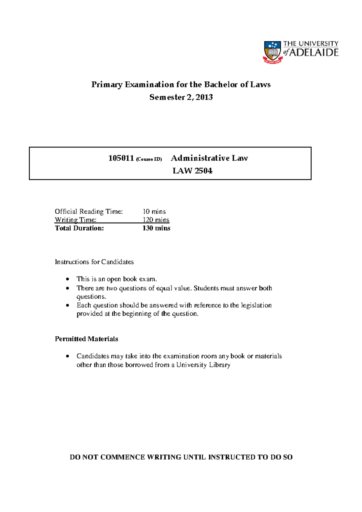 Primary Examination for Bachelor of Law Semester 2 2013 - Studocu