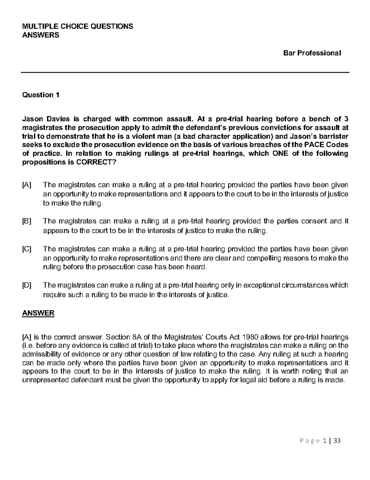 Trial - NOTES - MULTIPLE CHOICE QUESTIONS ANSWERS Bar Professional ...
