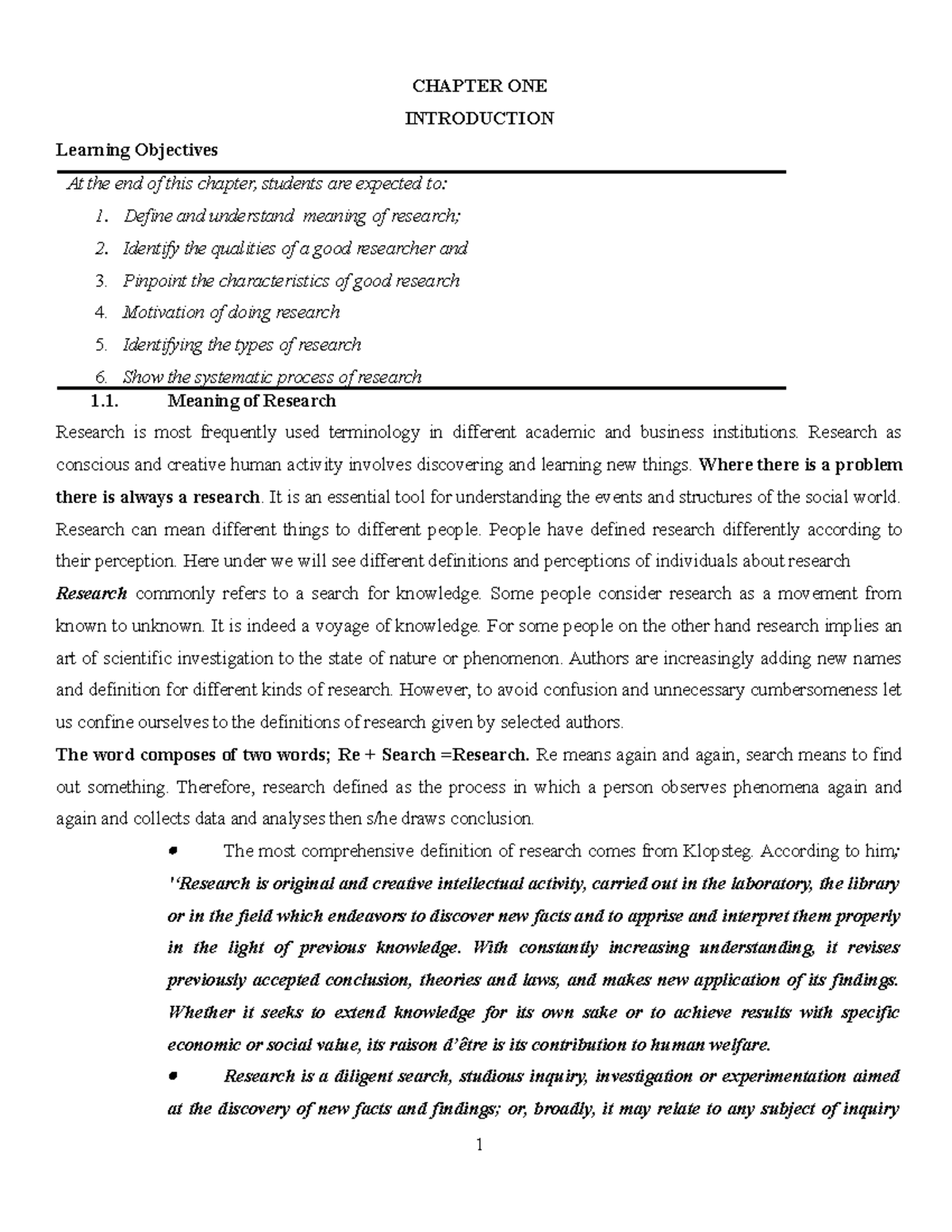 Business Research Handout - CHAPTER ONE INTRODUCTION Learning Objectives At the end of this ...