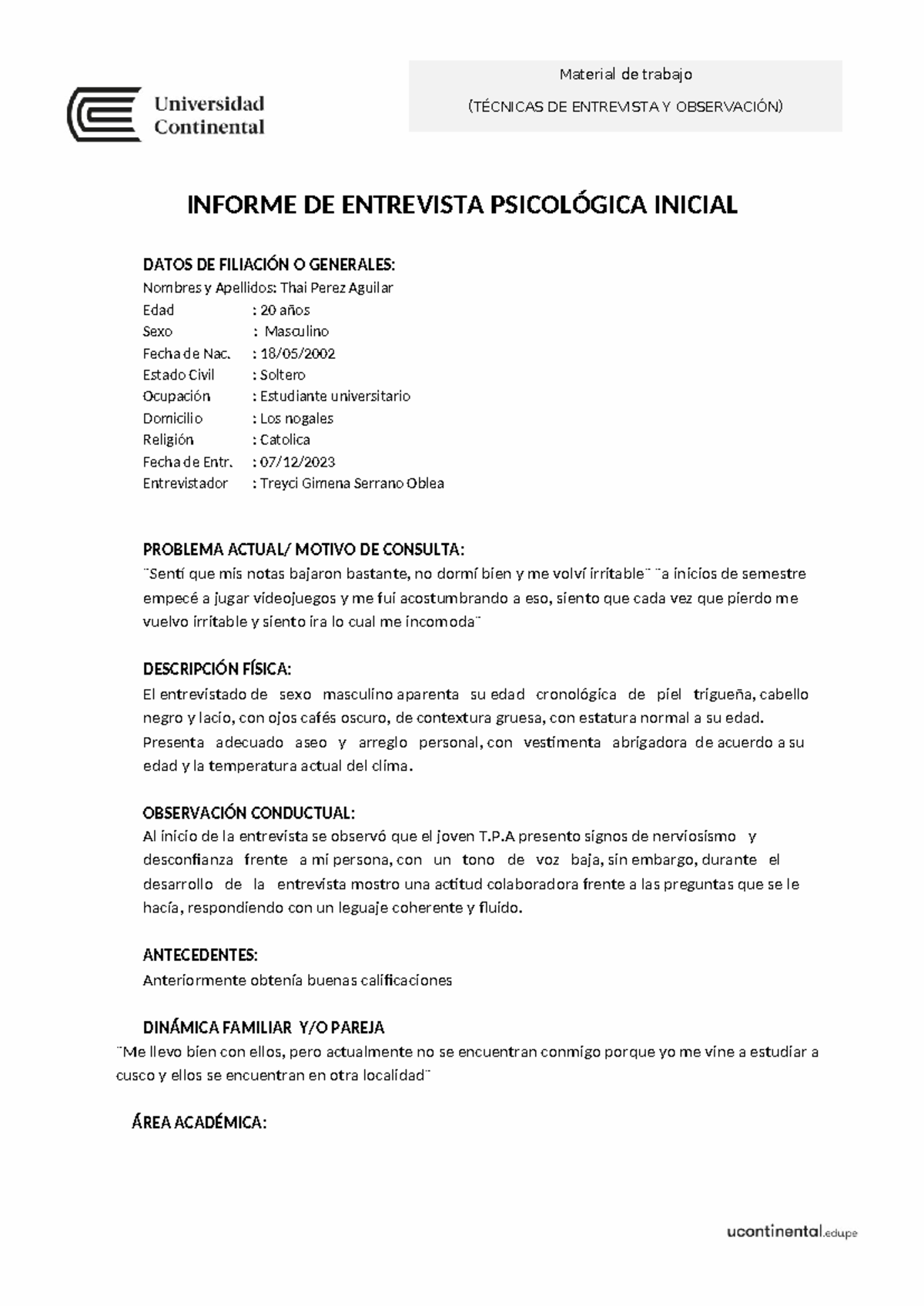 Informe DE Entrevista Psicologica Inicial - Material de trabajo ...