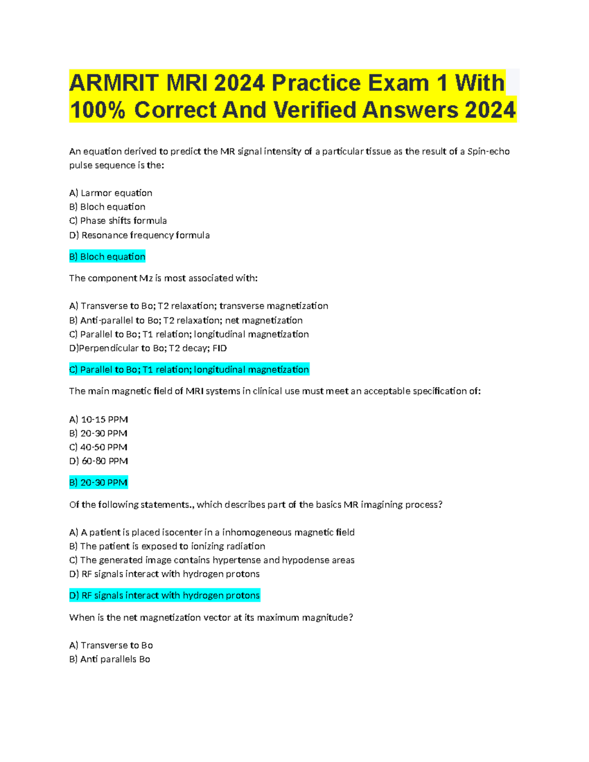 MRI Armrit 2022 Practice Test #1 - ARMRIT MRI 2024 Practice Exam 1 With ...