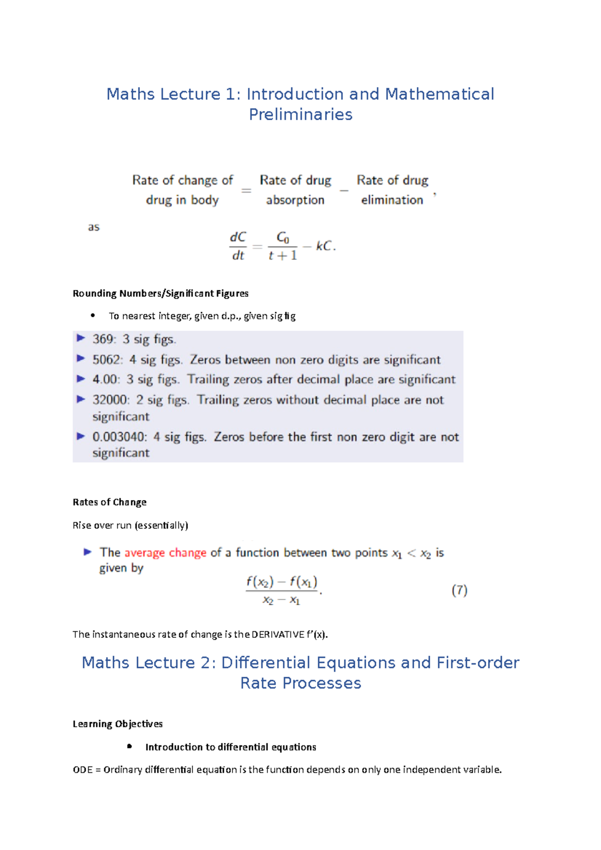 Maths Lectures Phar2813 - Maths Lecture 1: Introduction and Mathematical Preliminaries Rounding ...