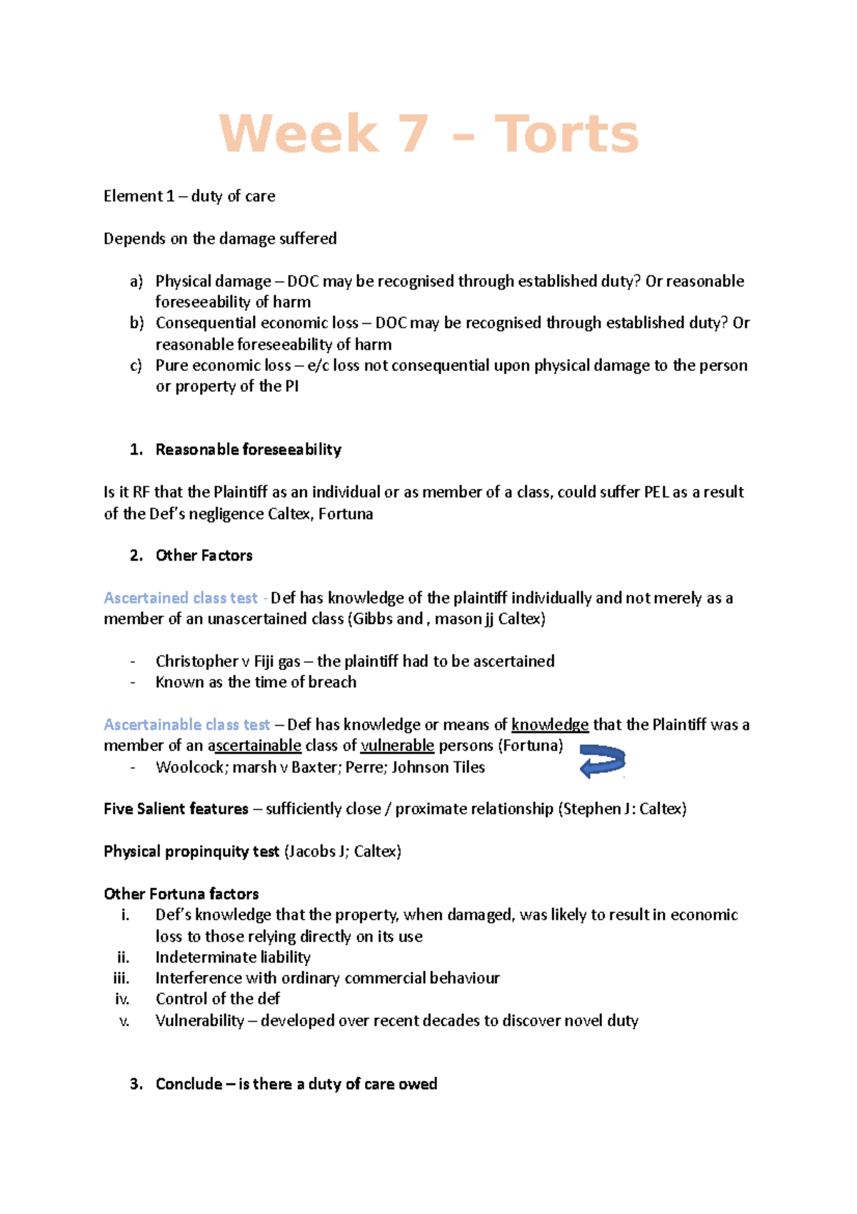 Week 7 - tutorial - Week 7 – Torts Element 1 – duty of care Depends on the damage suffered a ...