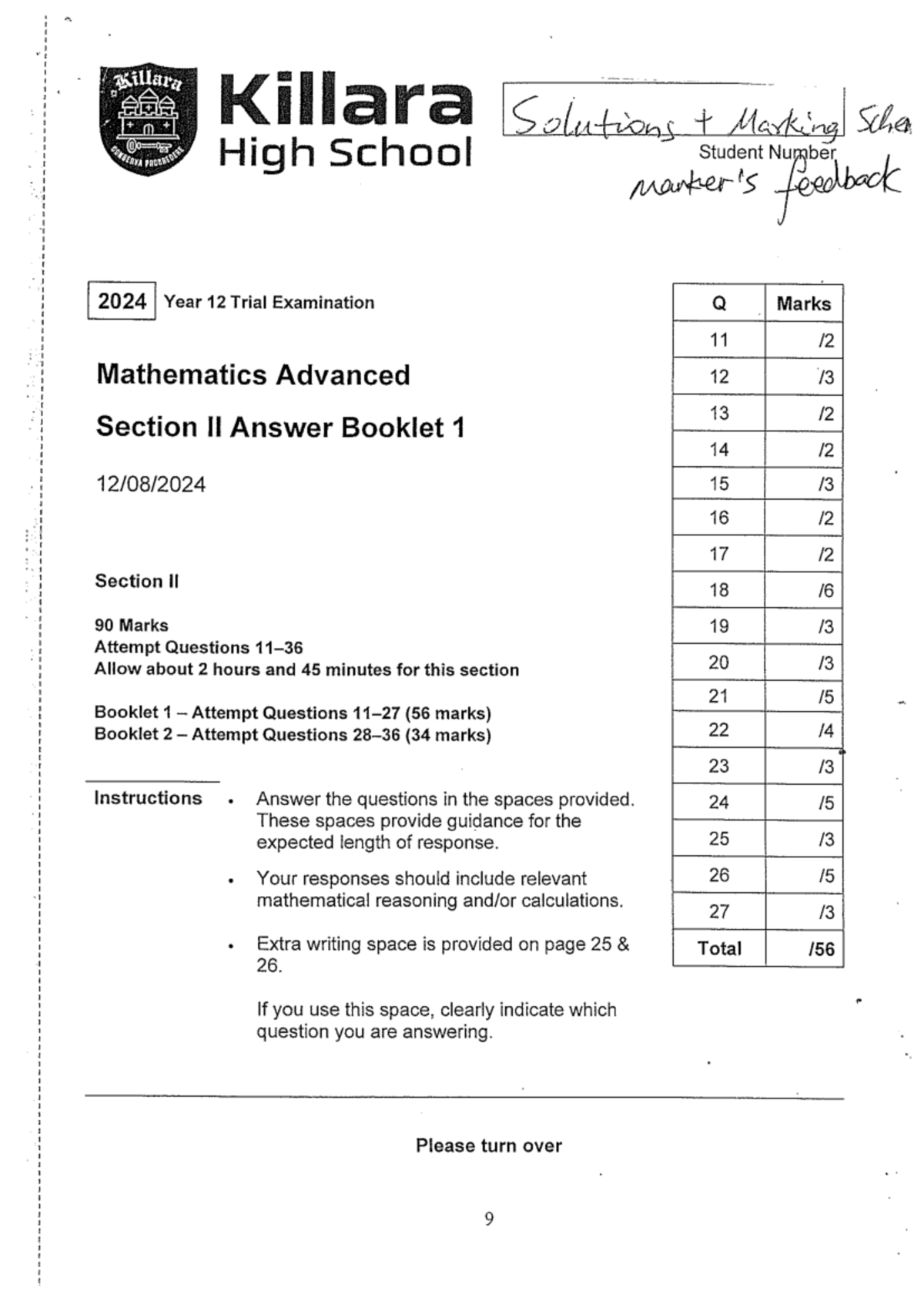 Killara High 2024 Solutions - Killara Killara M Solutions Marking Schoo ...
