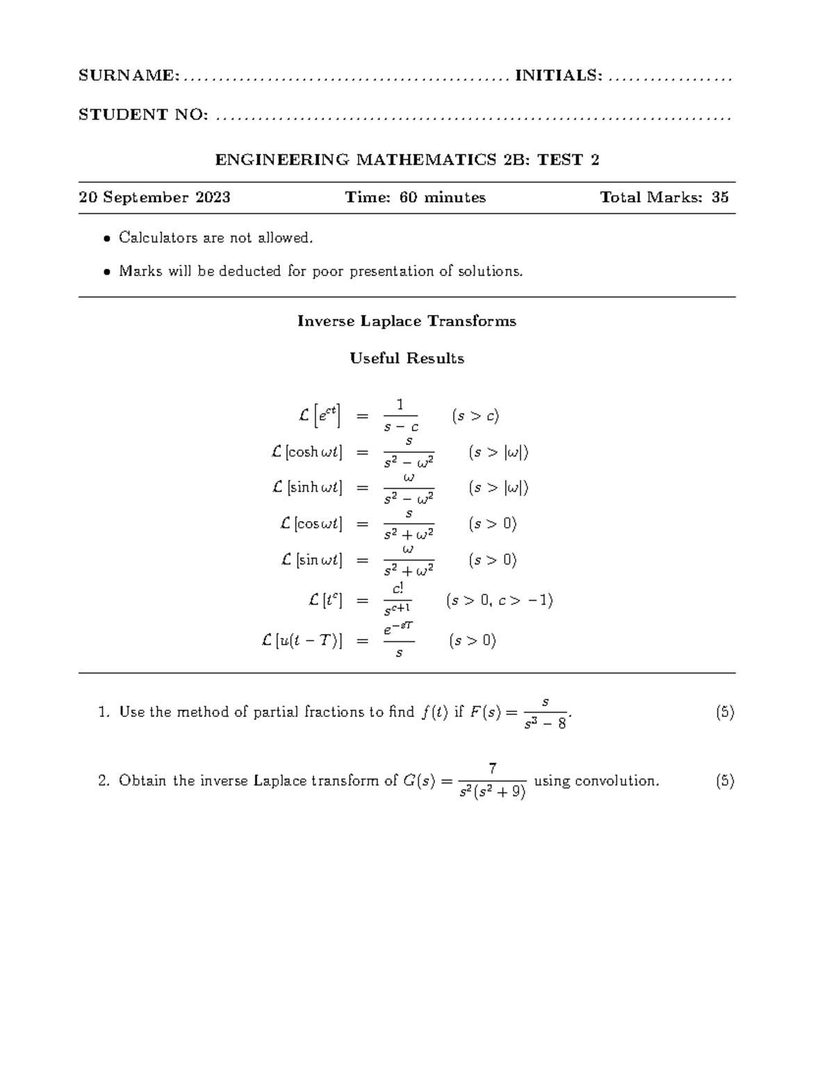 Test 2 (2023) - practise - SURNAME ...