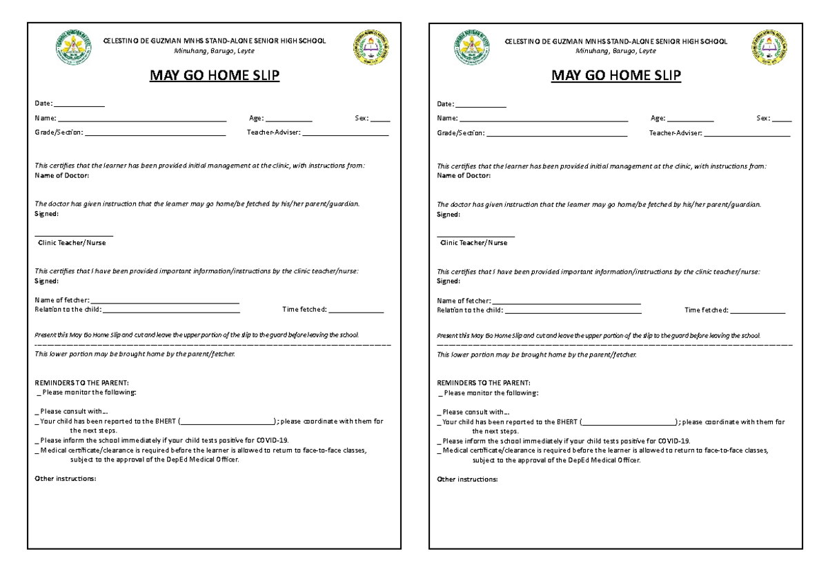MAY I GO HOME SLIP - SLip - CELESTINO DE GUZMAN MNHS STAND-ALONE SENIOR ...
