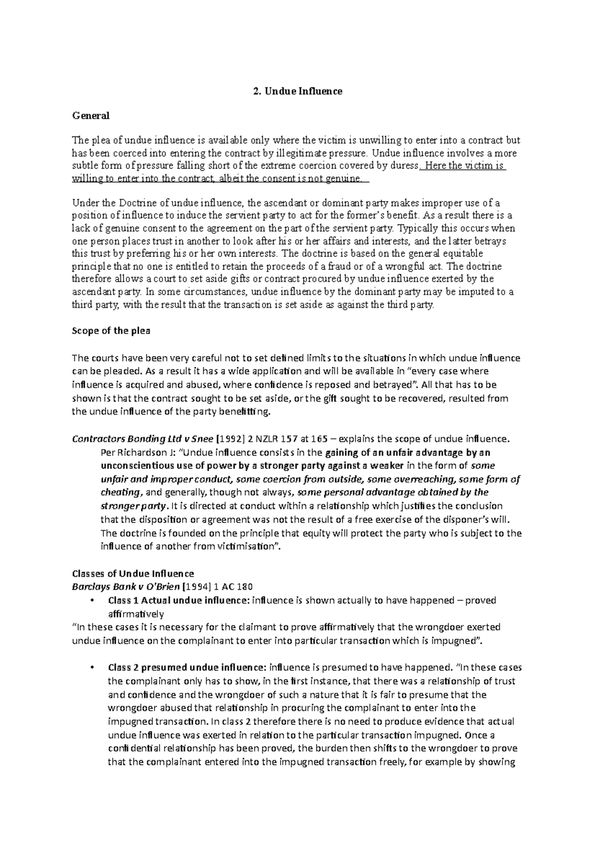 Undue Influence outline and notes - Undue Influence General The plea of ...