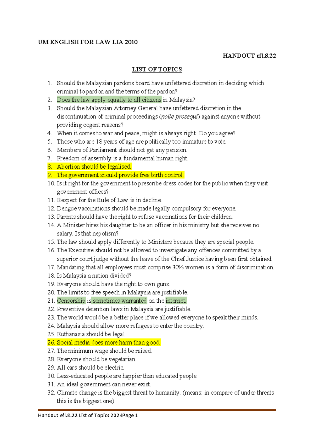 EFL List of topics - hopefully help - Handout efl.8 List of Topics ...