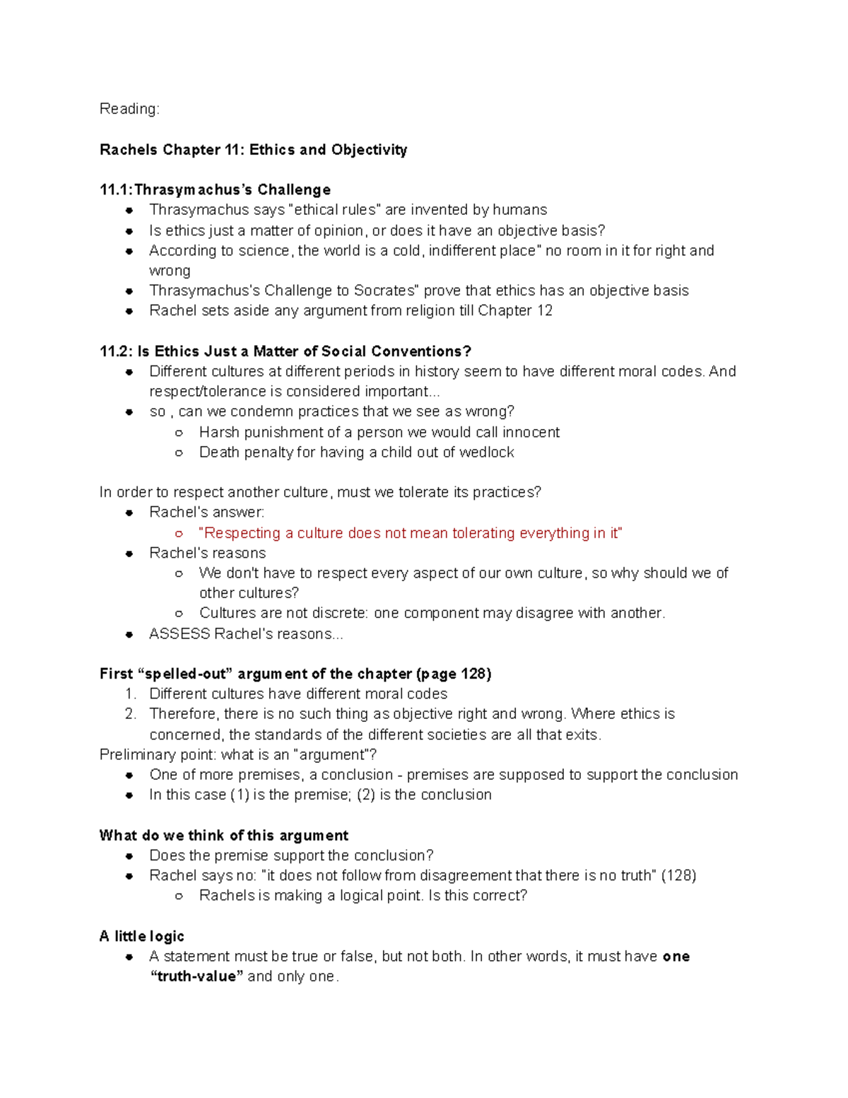 Intro to Philosophy Part 1 - Reading: Rachels Chapter 11: Ethics and ...
