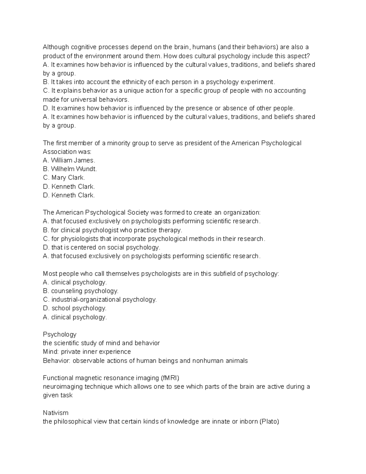 202 study guide 5 - Professor: Jeff Henriques - Although cognitive ...