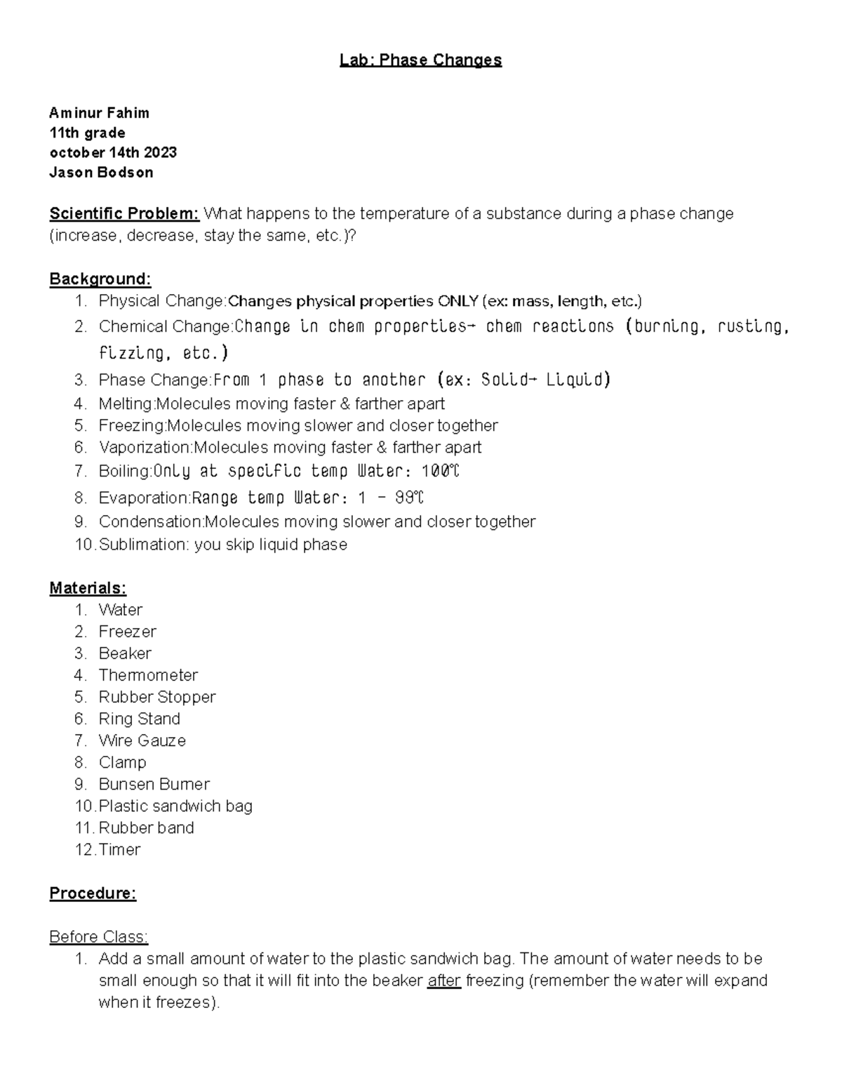 Lab Phase Changes - Hayley Bonavita - Lab: Phase Changes Aminur Fahim ...