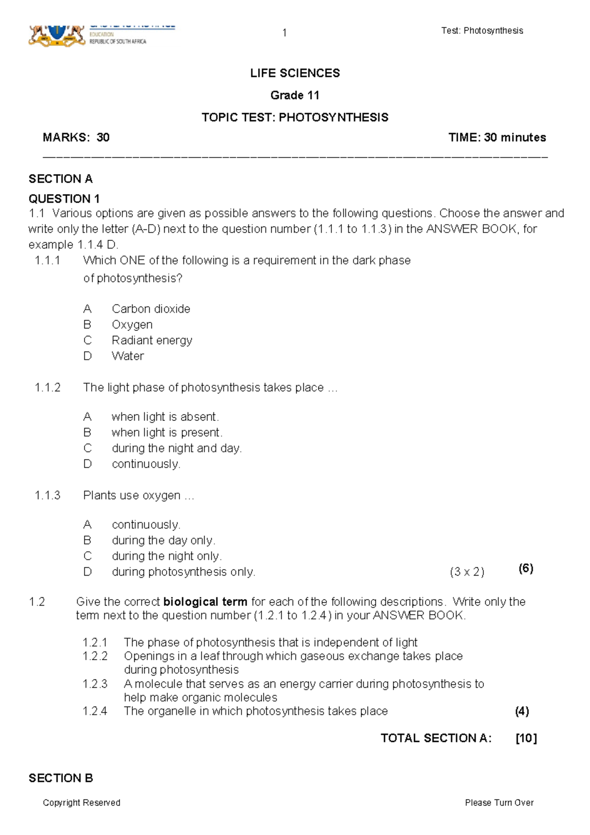Gr. 11 Topic test Photosynthesis - LIFE SCIENCES Grade 11 TOPIC TEST ...