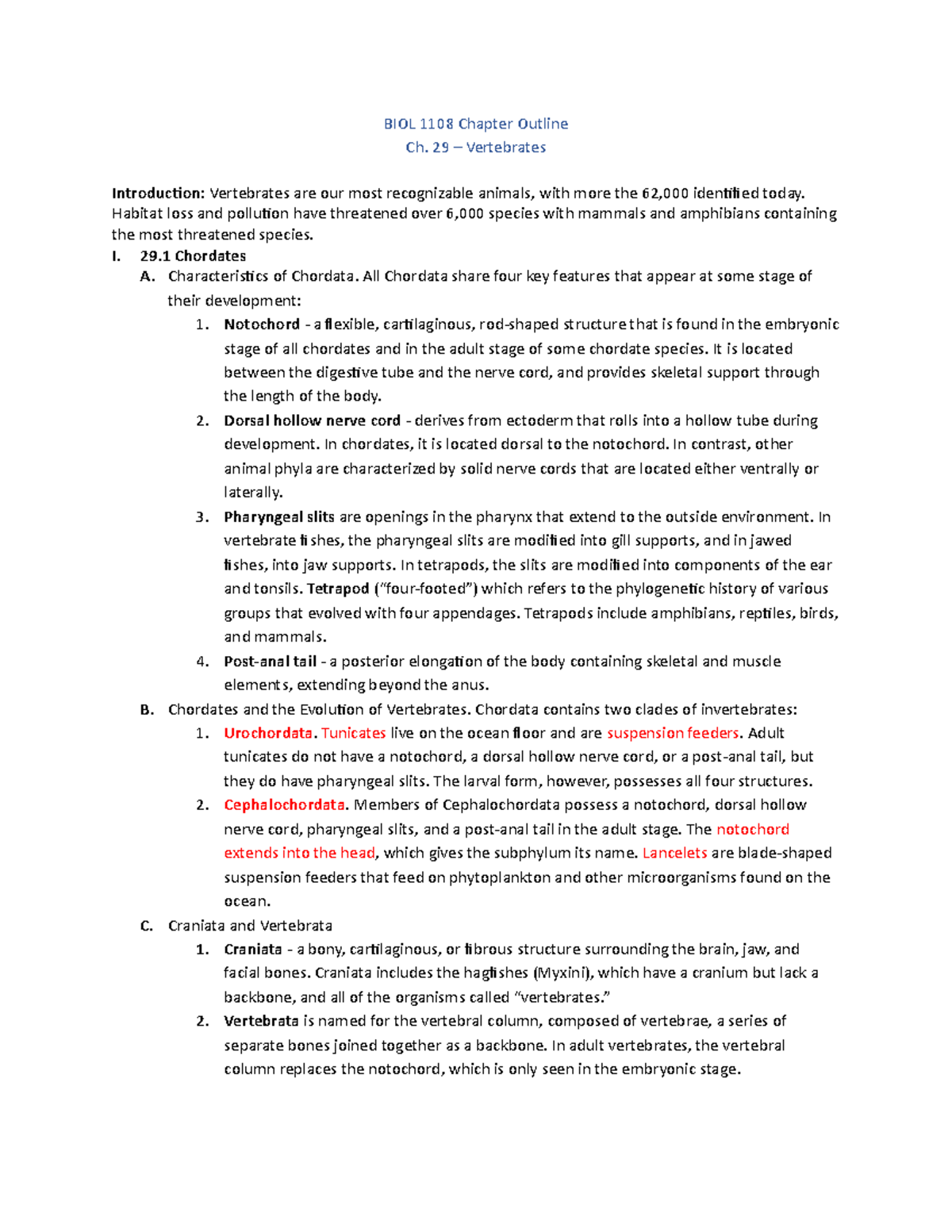 Ch. 29 - Vertebrates Notes - BIOL 1108 Chapter Outline Ch. 29 ...