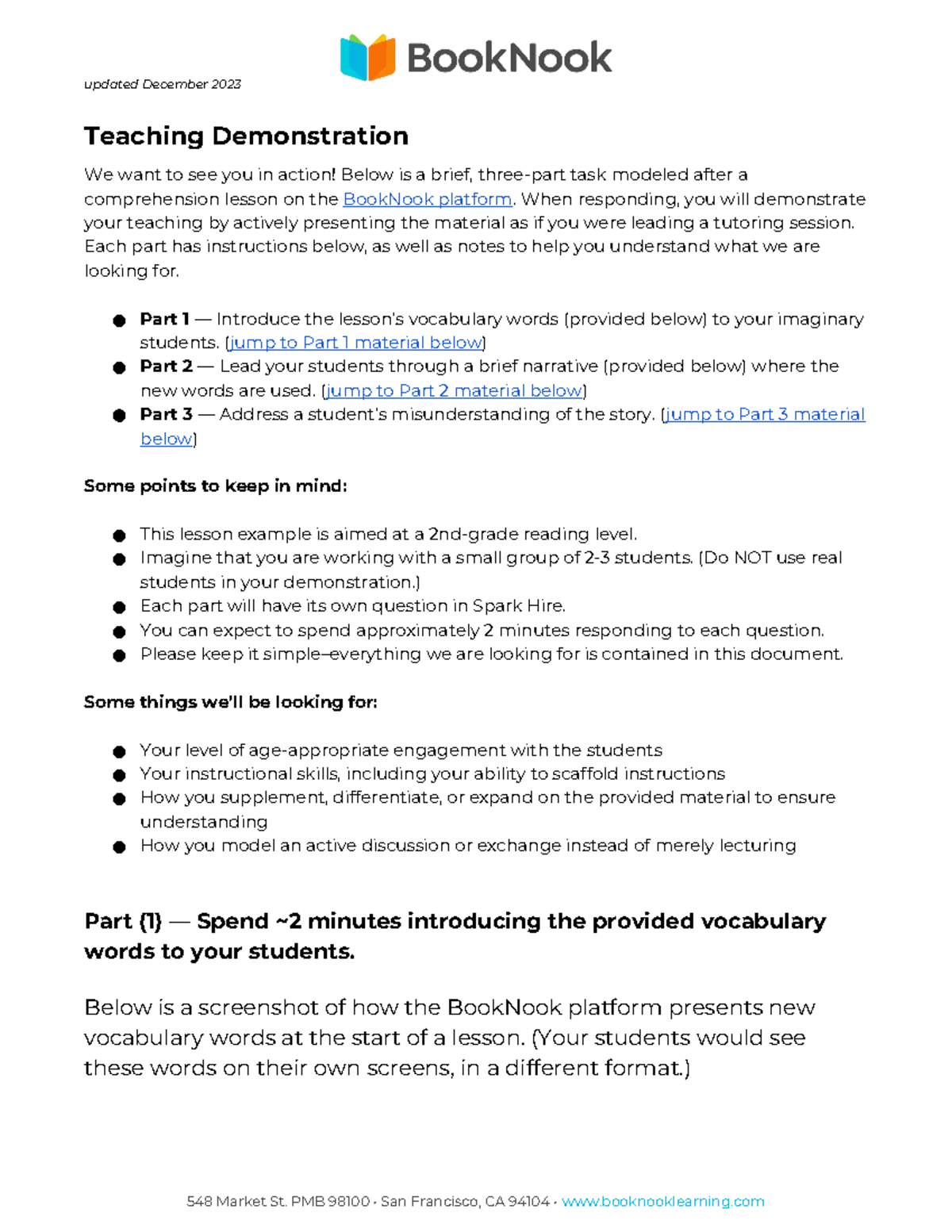 Book Nook Teaching Demonstration Instructions [external] - Teaching ...