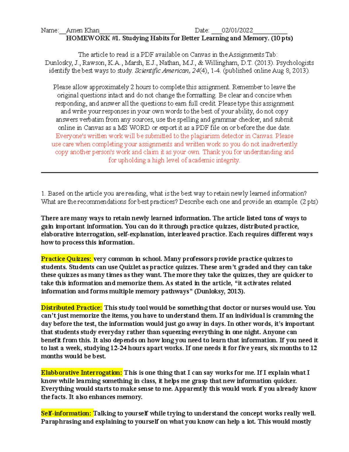 Cog Psych HW1 Study Learn Memory - Name:Amen Khan____________________ Date: 02/01/2022 ...