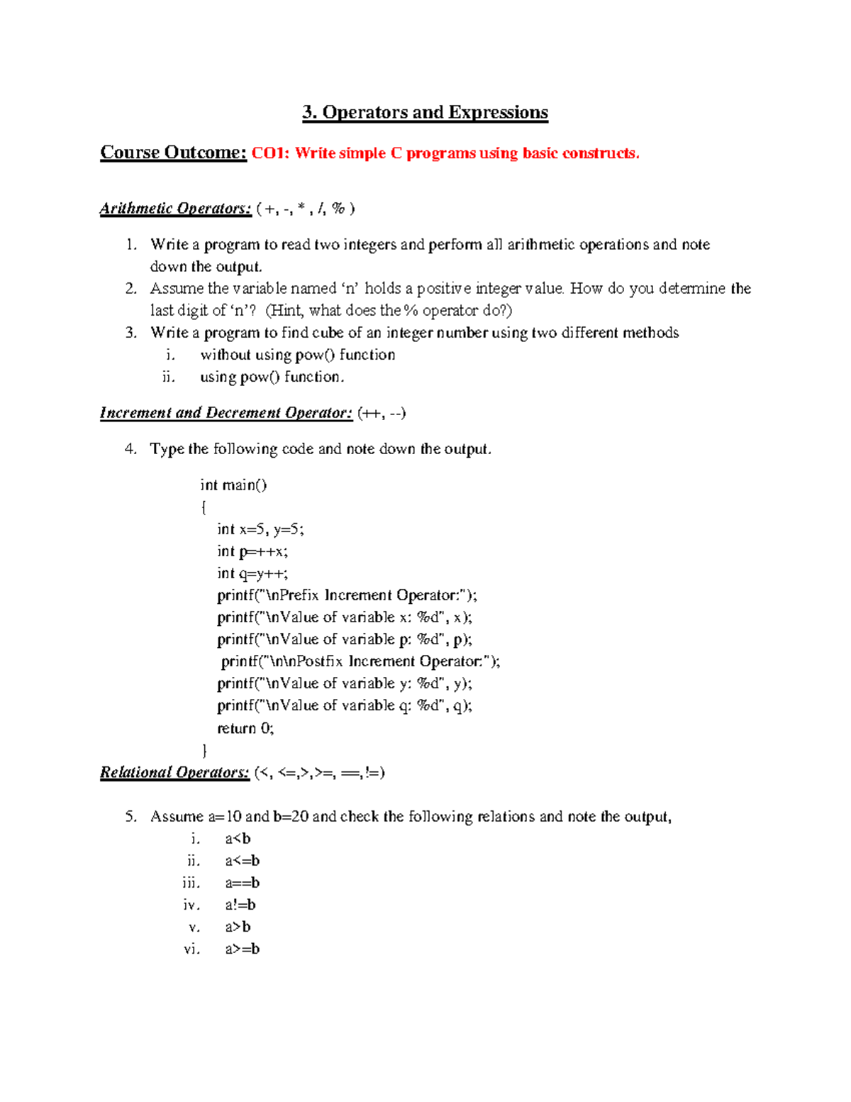 3 Operators and Expressions - 3. Operators and Expressions Course Outcome: CO1: Write simple C ...