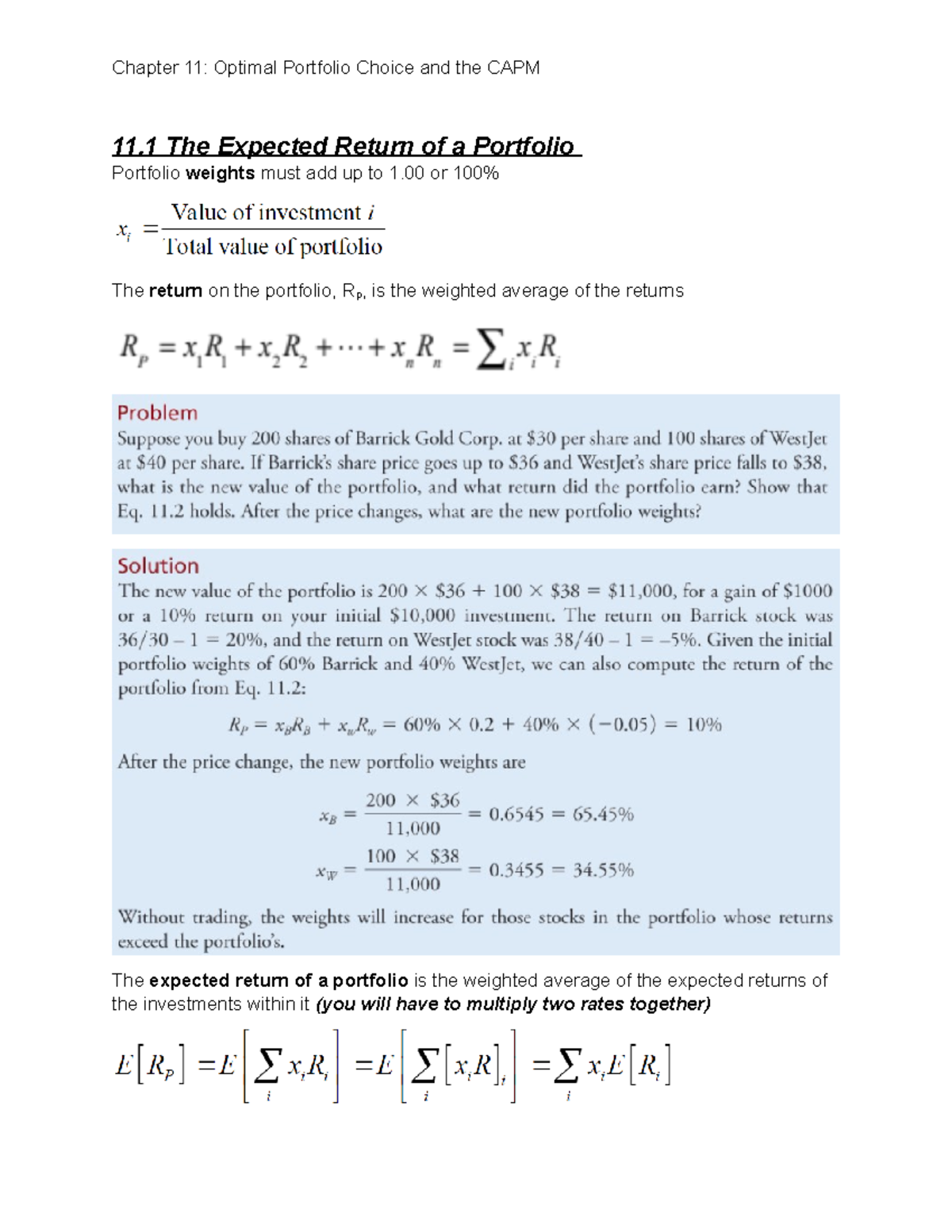 Corp FIN - Chapter 11 - Notes - 11 The Expected Return of a Portfolio ...