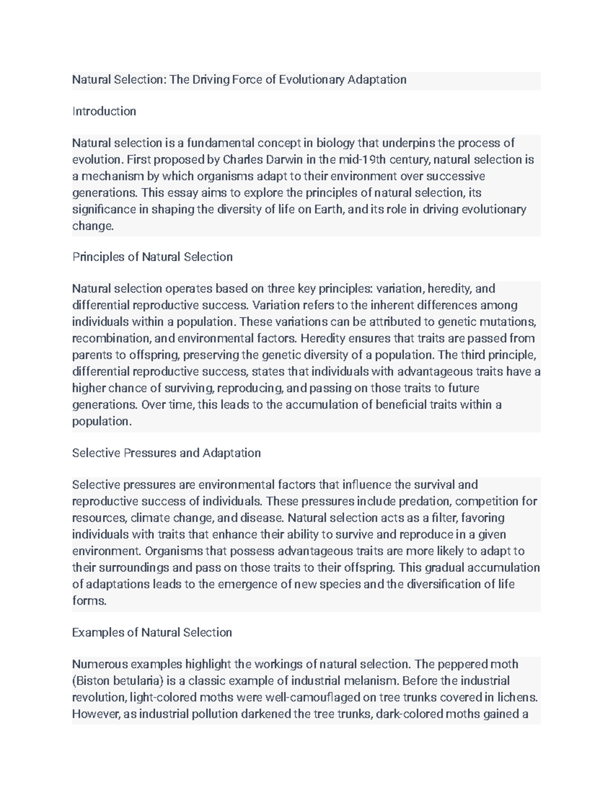 Natural Selection The Driving Force of Evolutionary Adaptation ...