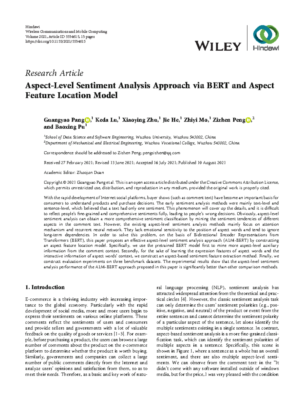 Aspect Level Senti Analysis Research Article Aspect Level Sentiment Analysis Approach Via Bert