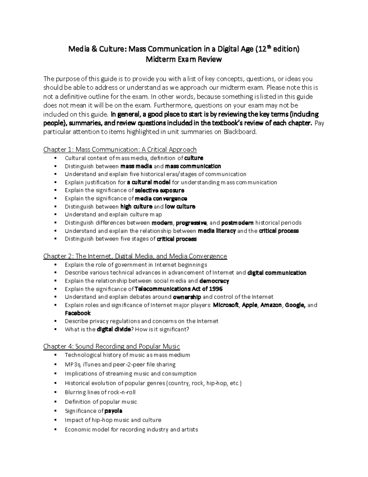 Midterm review - Media & Culture: Mass Communication in a Digital Age ...