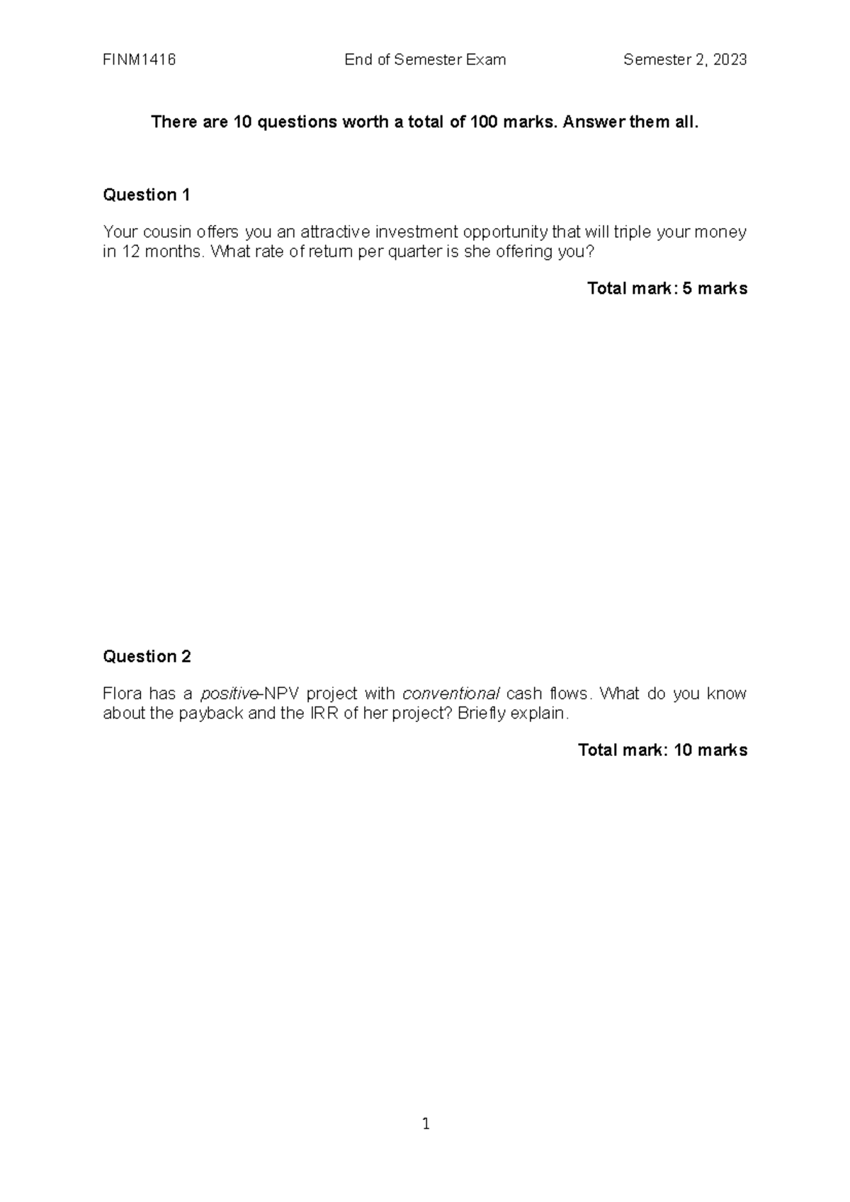 FINM1416 Practice questions S2 2023 - There are 10 questions worth a ...