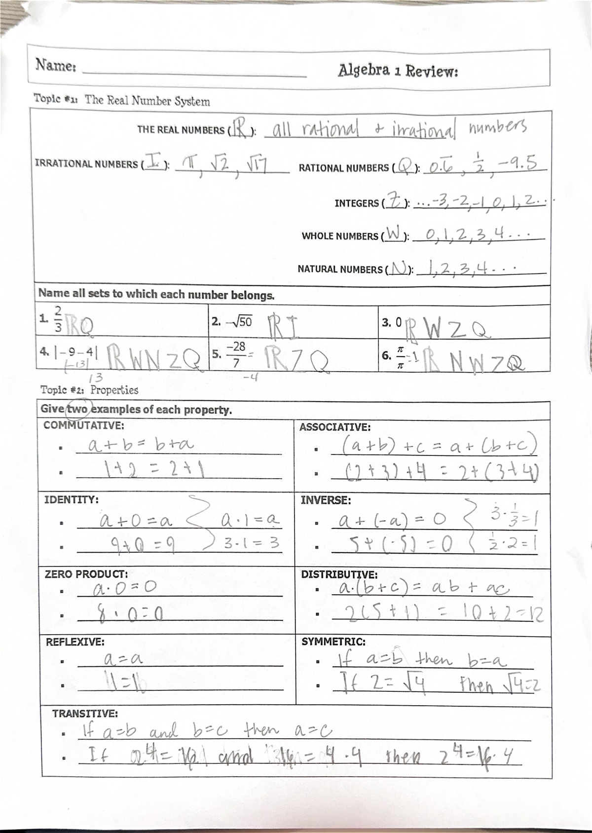 Scanned Document - It’s good - Name: Algebra 1 Review: Topic The Real ...