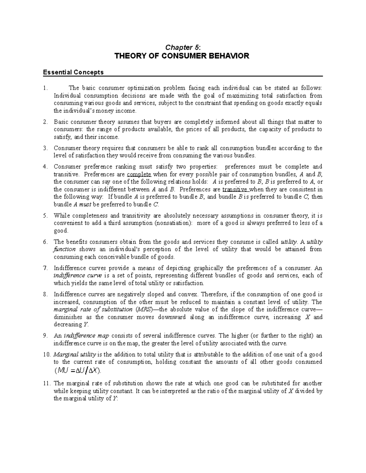 Summary Chapter 5 - lecture slides - Chapter 5: THEORY OF CONSUMER ...