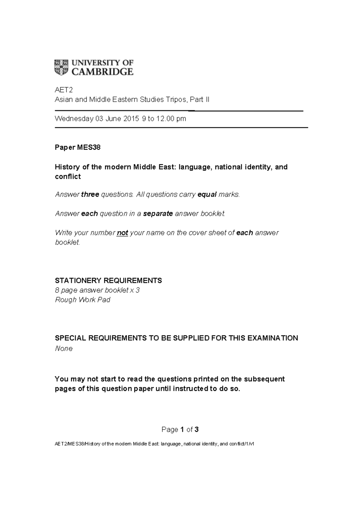 Exam 2015, questions - AET2 Asian and Middle Eastern Studies Tripos ...