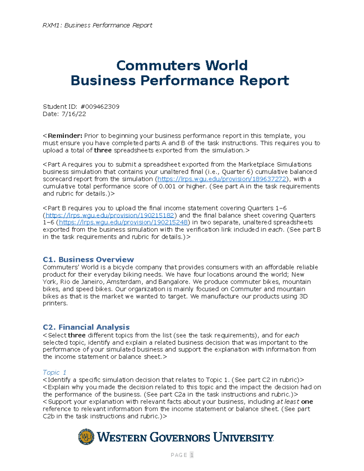 Business Performance Report Template - RXM1: Business Performance ...