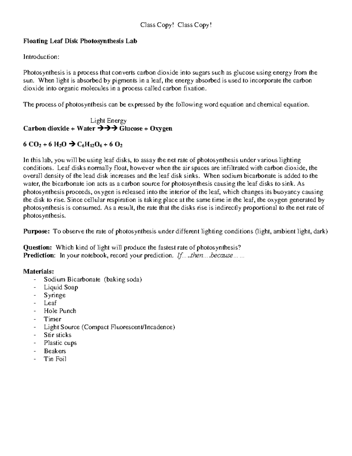 Floating Leaf Disk Photosynthesis Lab - Floating Leaf Disk ...