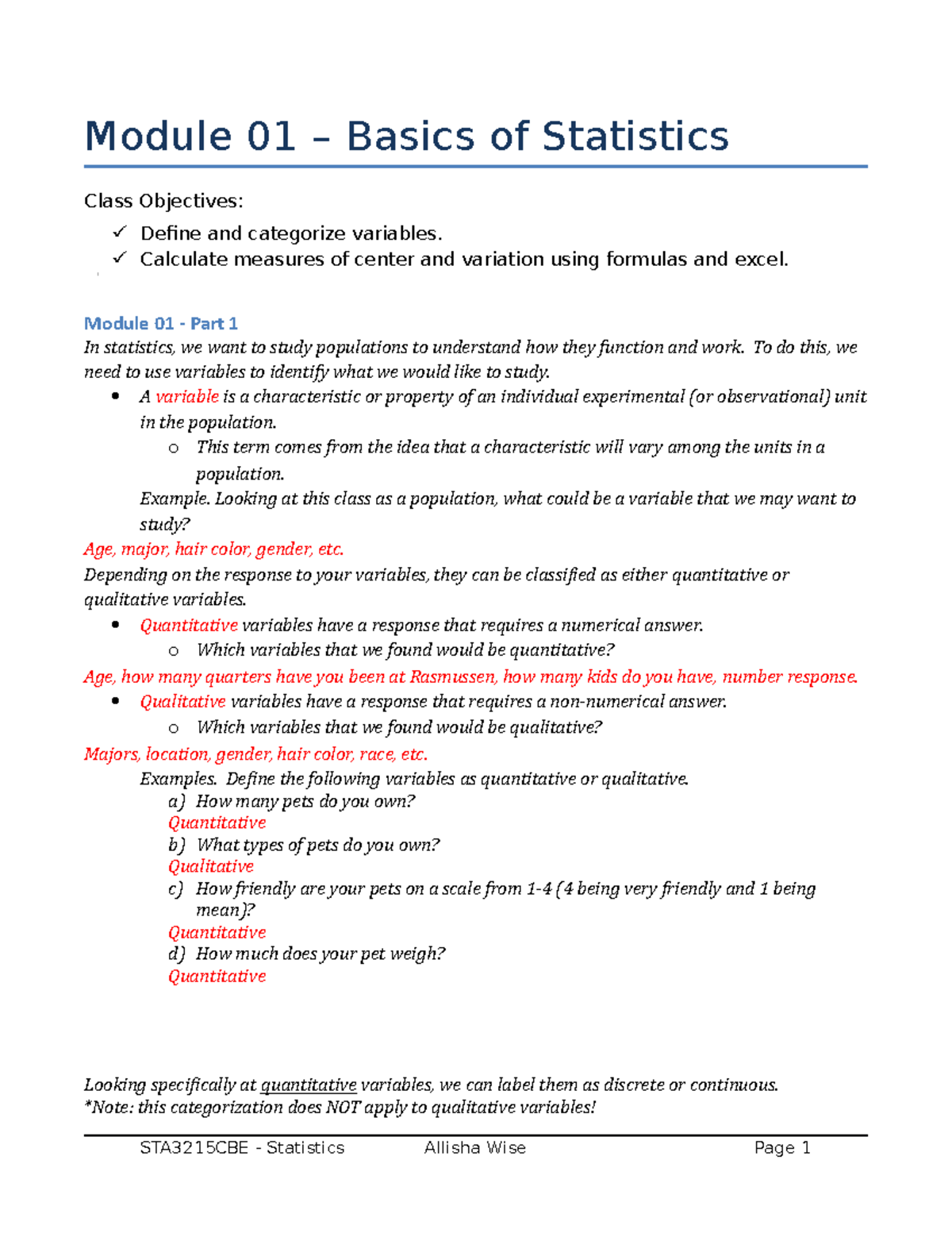 Module 01 Notes - Module 01 – Basics of Statistics Class Objectives ...