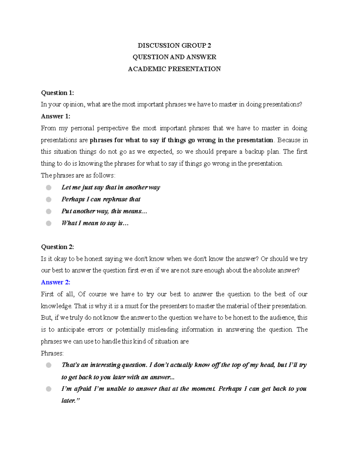 Question and Answer Group 2 - Phrases in presentation - DISCUSSION ...