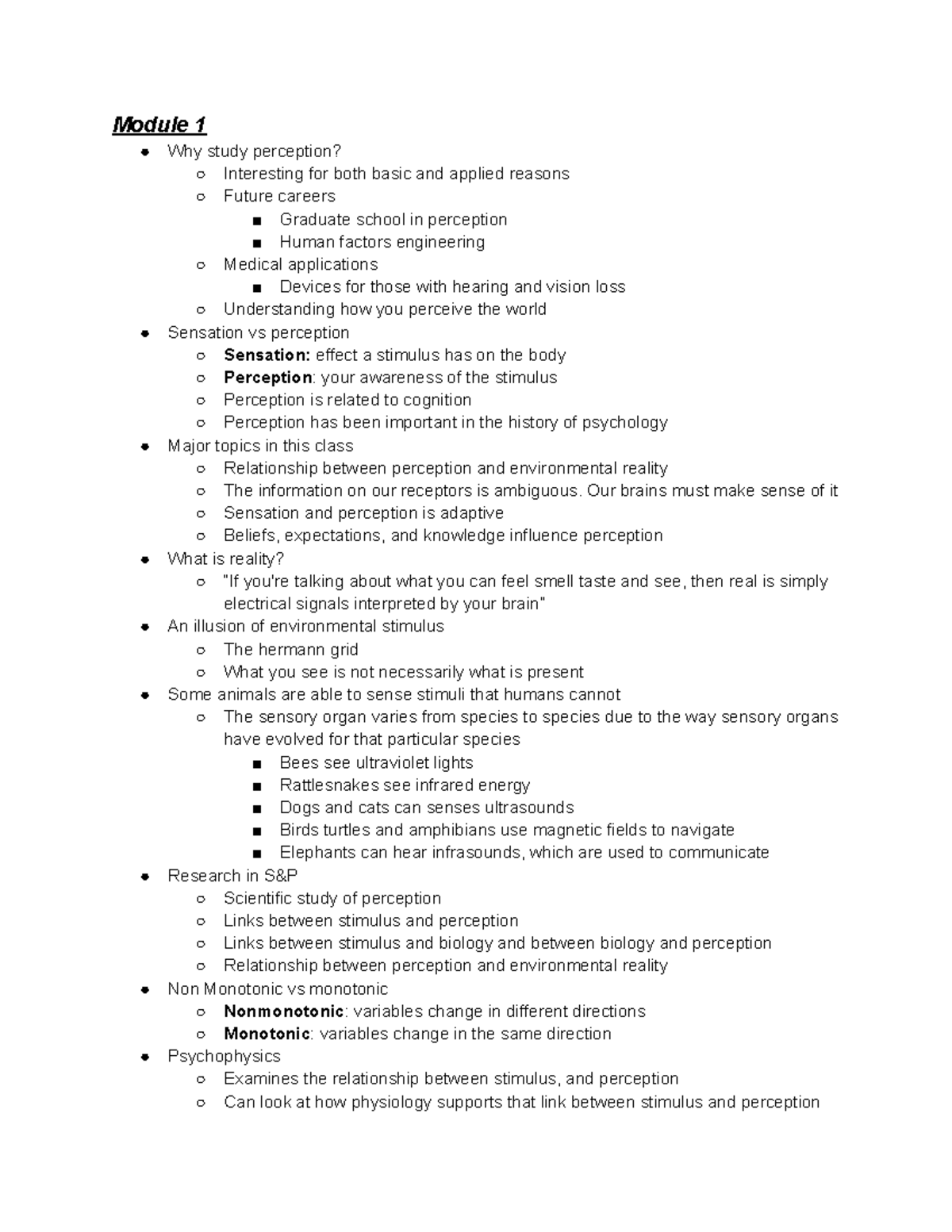 Sensation and Perception Modules 1-2 Lecture Notes - Module 1 Why study ...