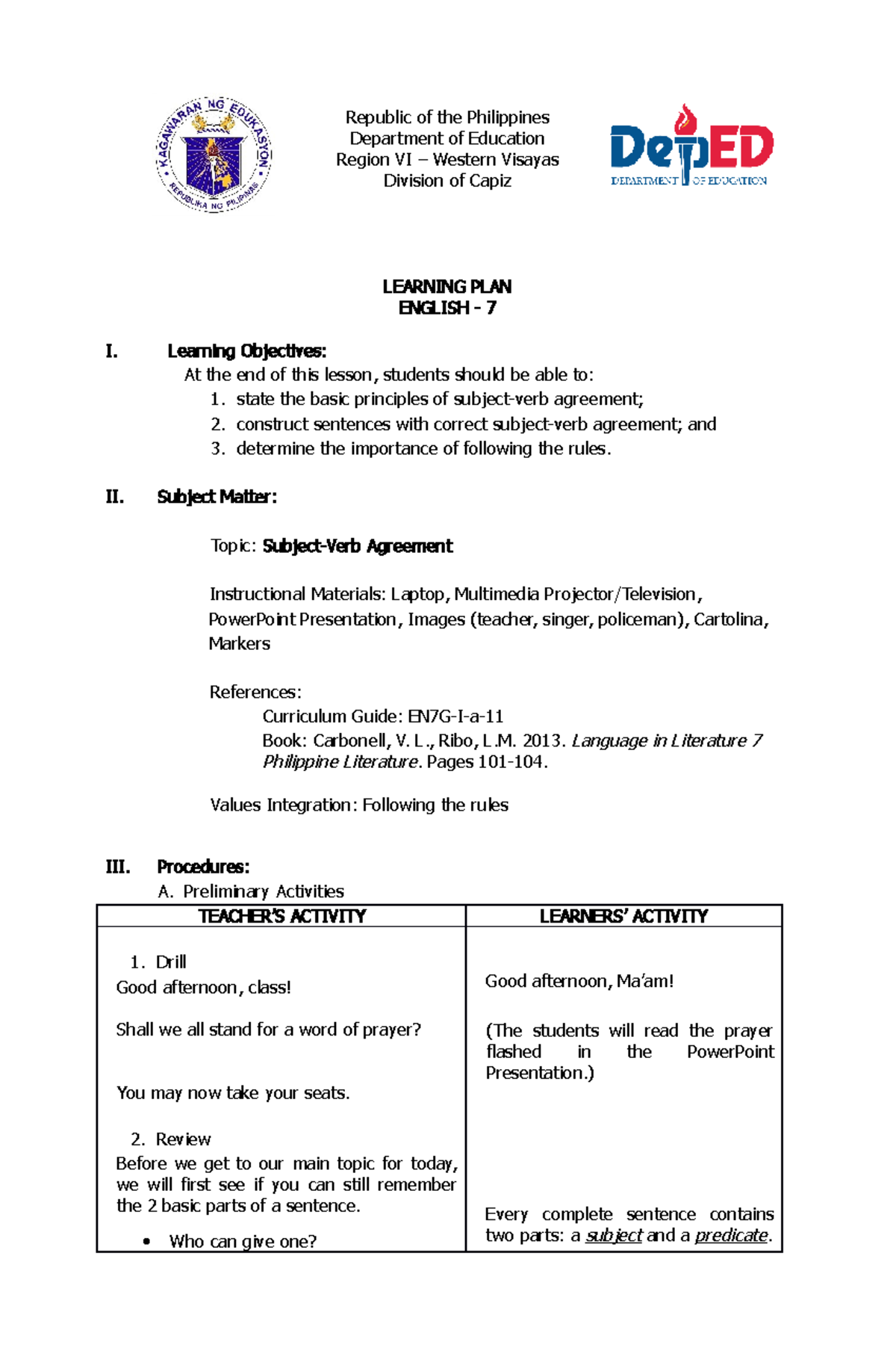 Sample Demo Lesson Plan S-V Agreement - Republic of the Philippines ...