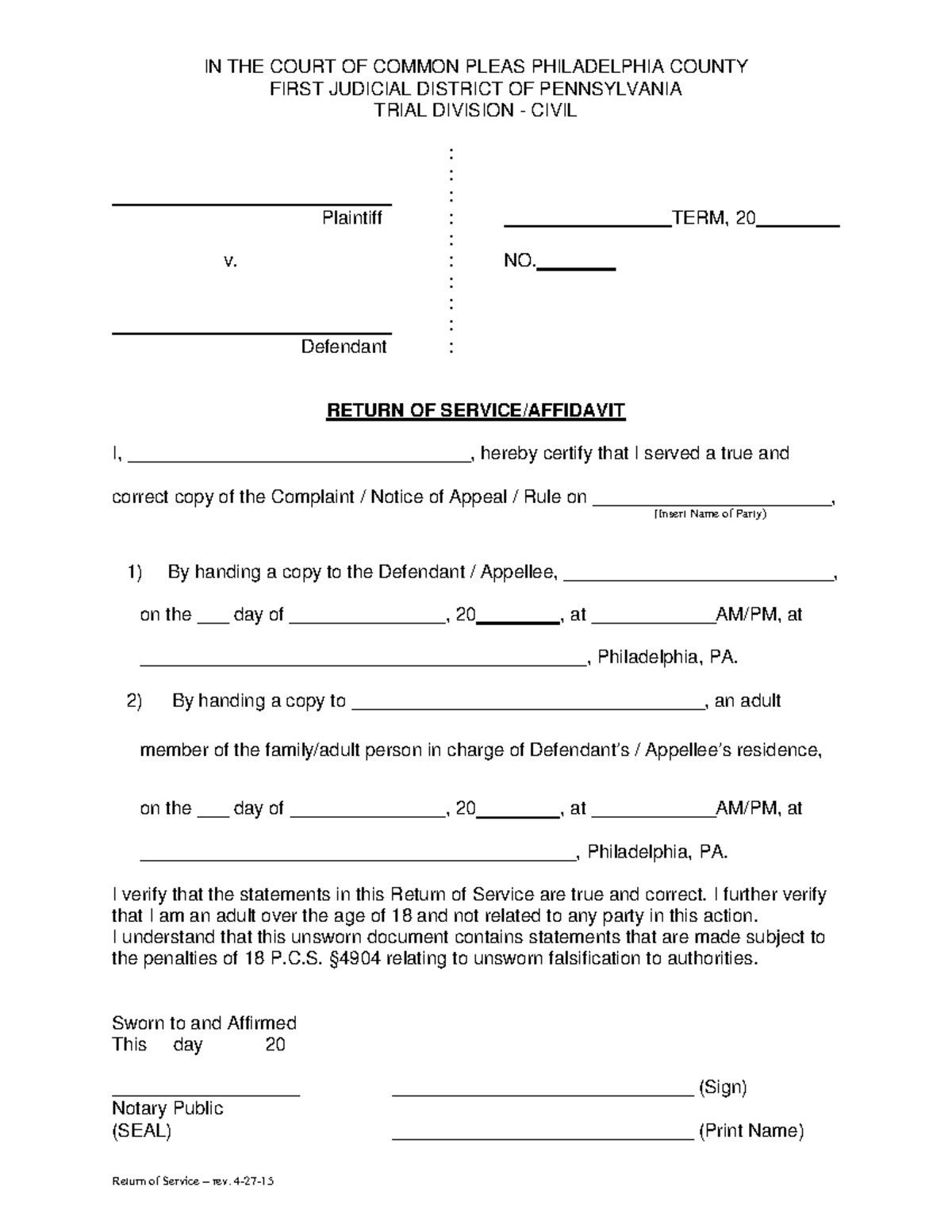 Return of Service Affidavit - (Insert Name of Party) IN THE COURT OF ...