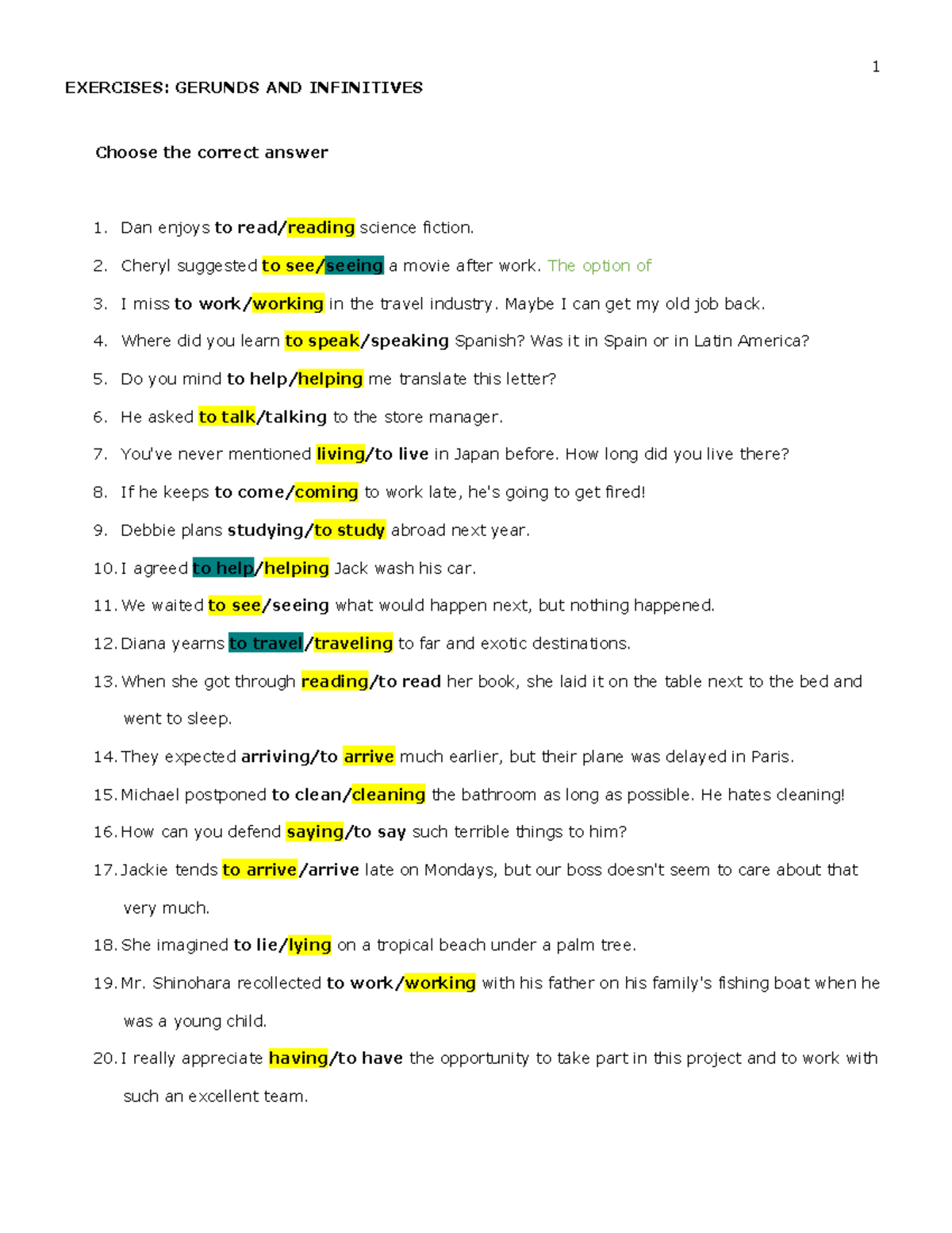 Gerunds and infinitives exercises - 1 EXERCISES: GERUNDS AND ...