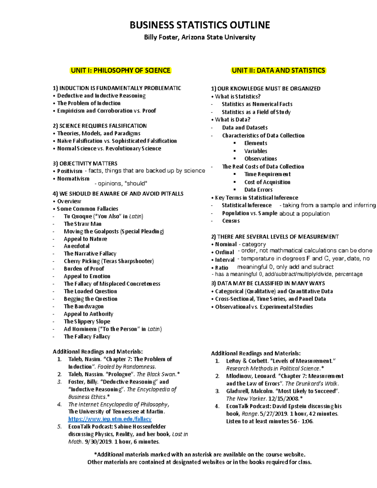 Business stats exam one topics - BUSINESS STATISTICS OUTLINE Billy ...