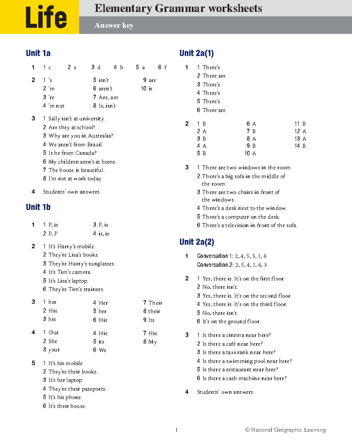 Elementary Grammar Worksheets Answer Key 0 - Life Answer key Life Unit ...