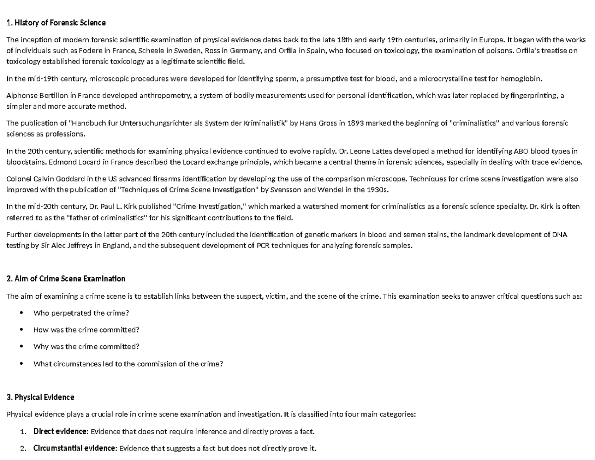 Unit 3 compiled notes - motes - 1. History of Forensic Science The ...