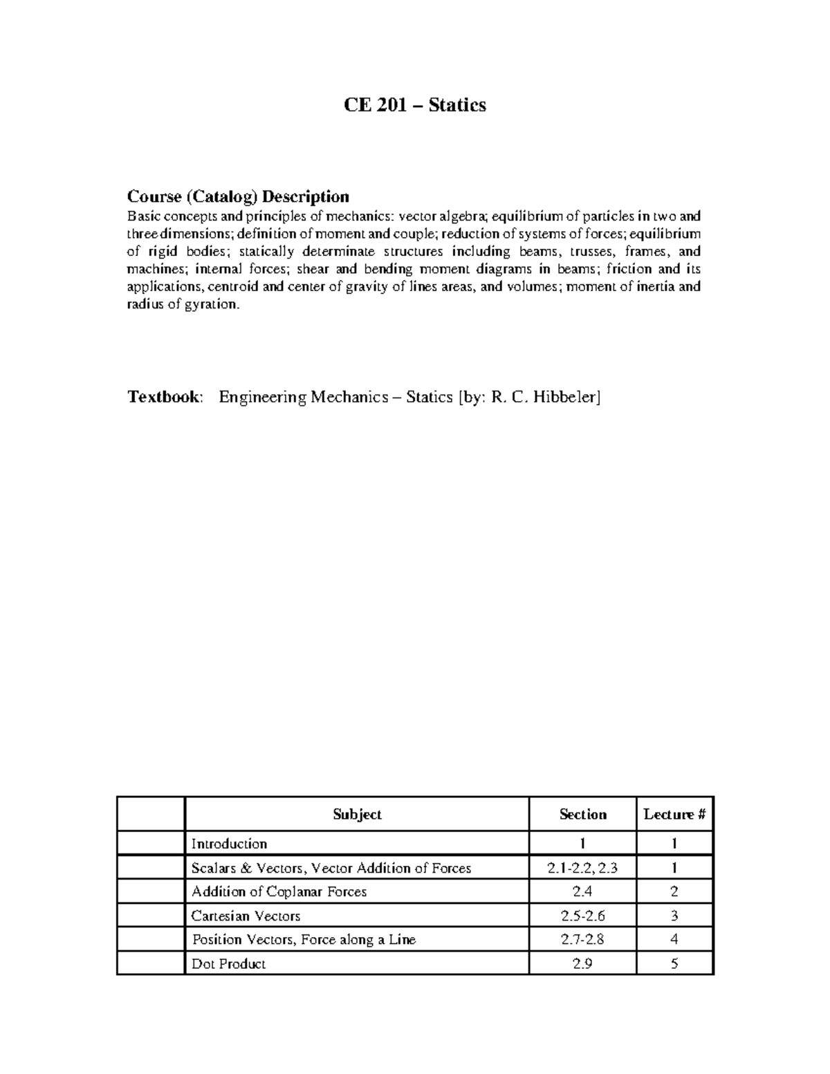 CE 201-St Doc - Summary - CE 201 – Statics Course (Catalog) Description ...