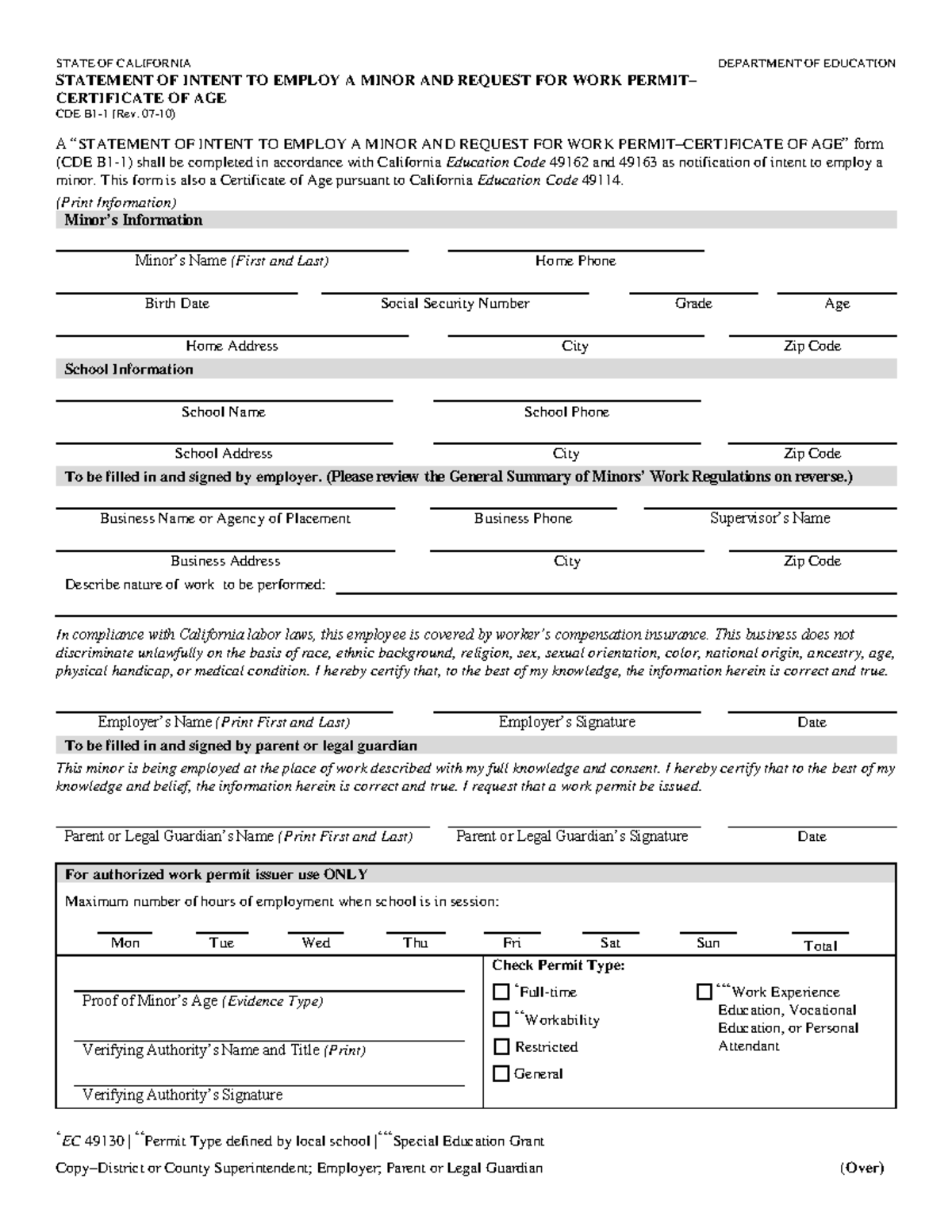 Work Permit b1-1frm - Copy–District or County Superintendent; Employer ...