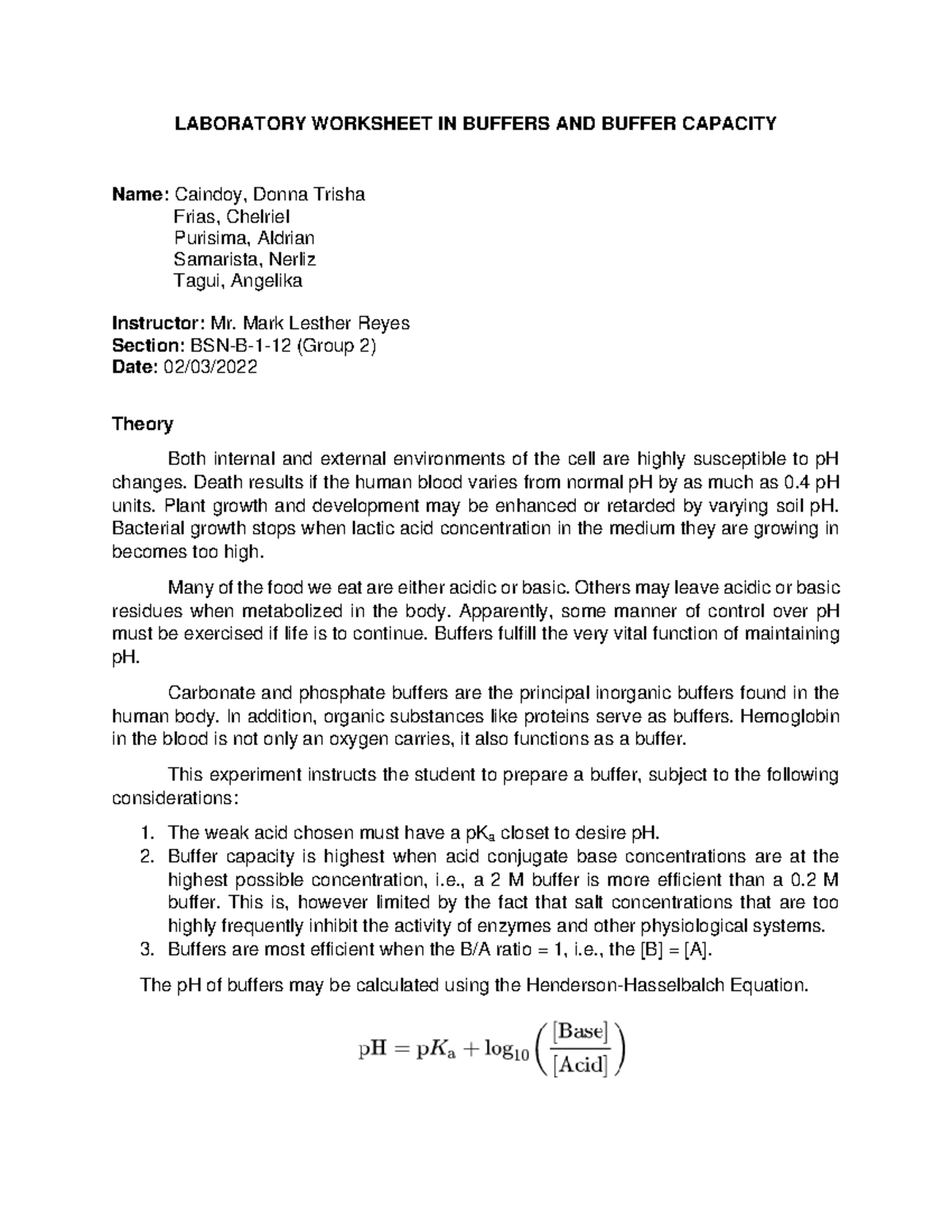 Laboratory Worksheet 2 - Group 2 - LABORATORY WORKSHEET IN BUFFERS AND ...
