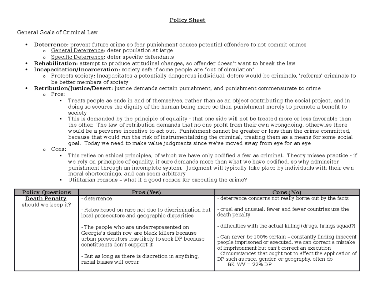 Criminal Law Policy Sheet - Policy Sheet General Goals of Criminal Law ...