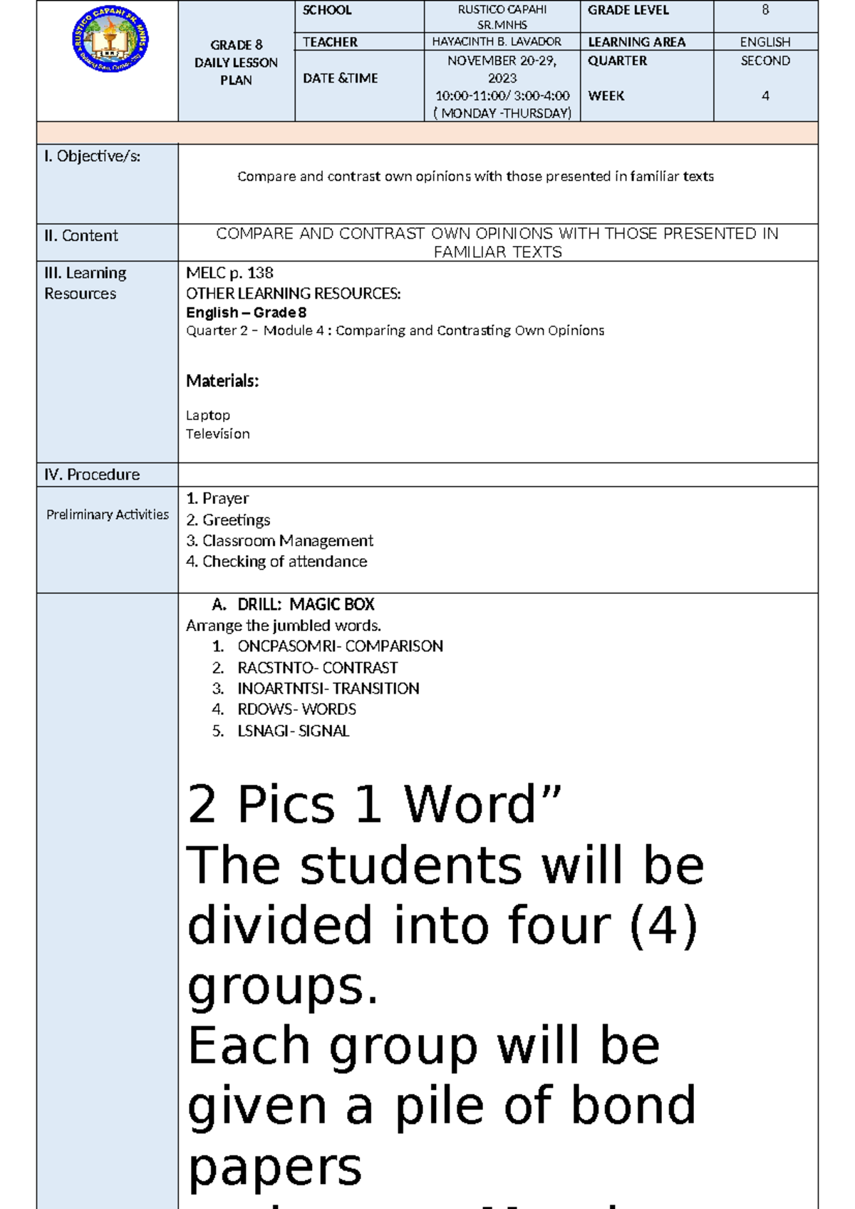 Q2 L3-comparison and contrast in the same presented text - 1 GRADE 8 ...