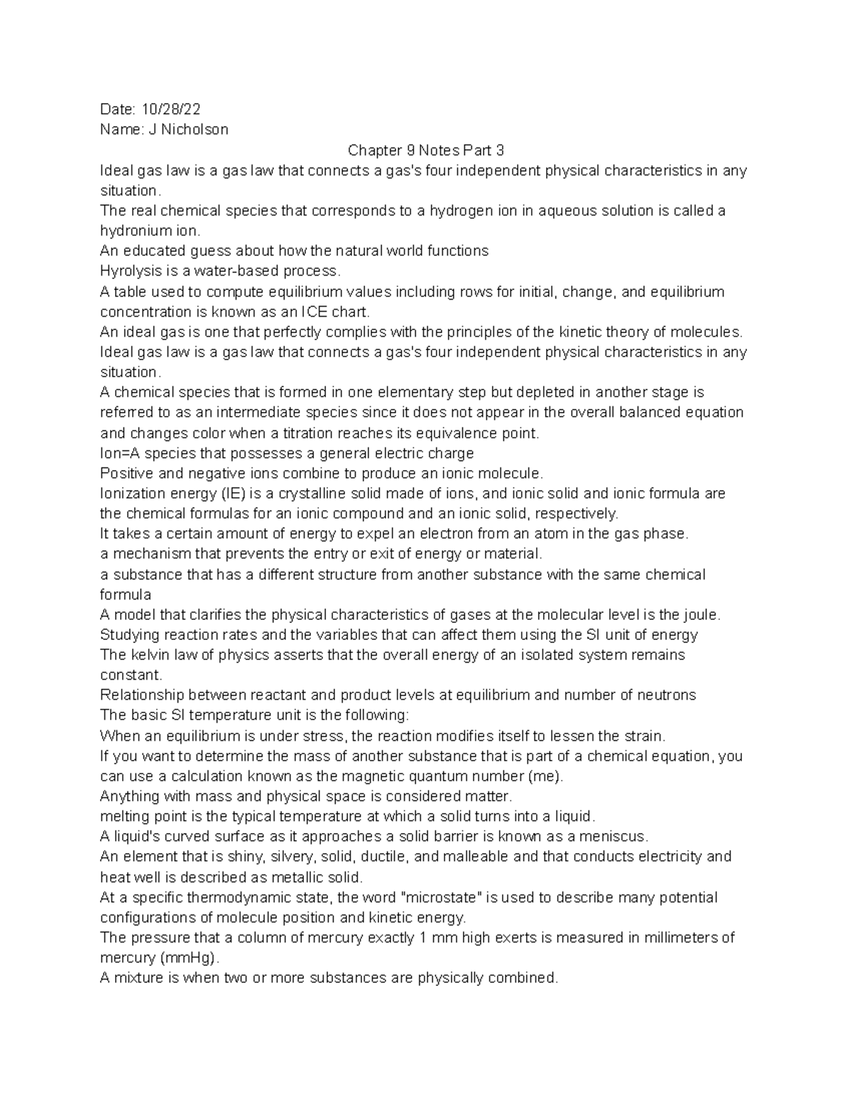 Chem Chapter 9 Notes Part 3 - Date: 10/28/ Name: J Nicholson Chapter 9 ...